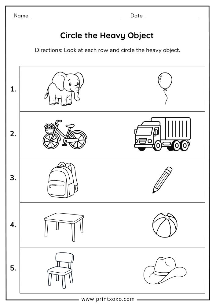 Heavy and Light Worksheets - Free Printable PDF for Preschool ...