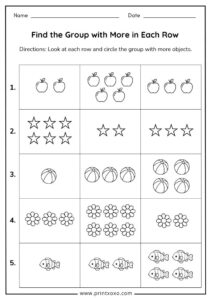 More and Less Worksheets – Free Printable PDF for Preschool & Kindergarten